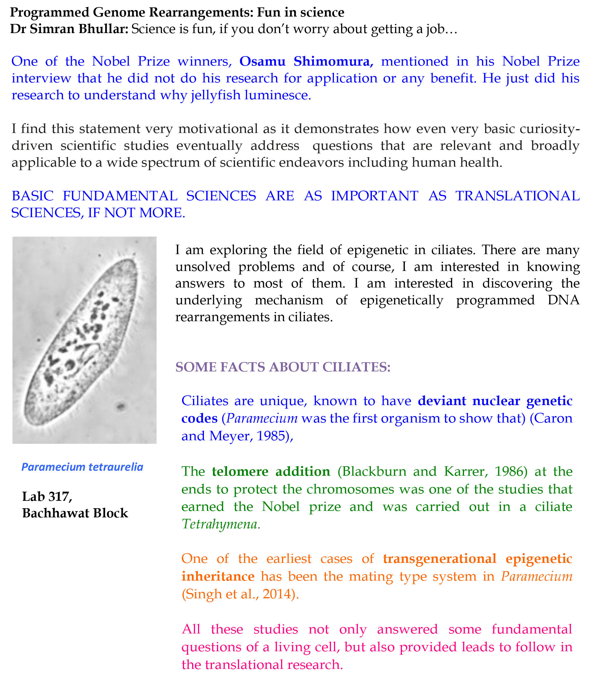 Department of Genetics – Programmed Genome Rearrangements Group - Dr. Simran Bhullar